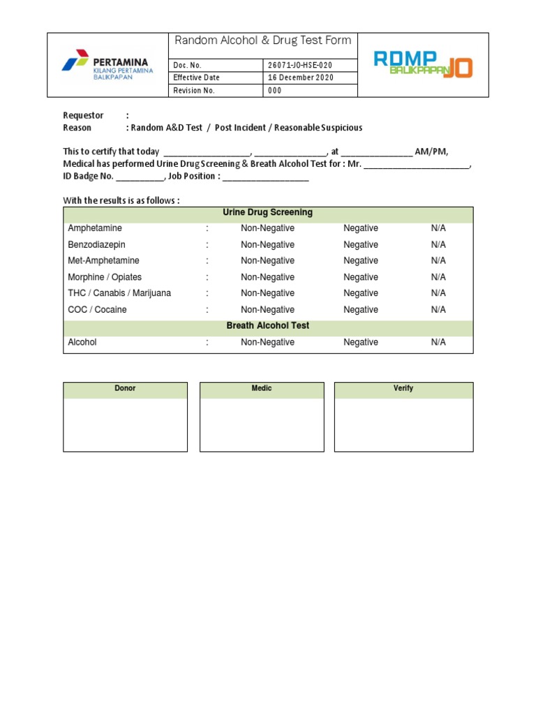 Random Drug & Alcohol Test Form | PDF