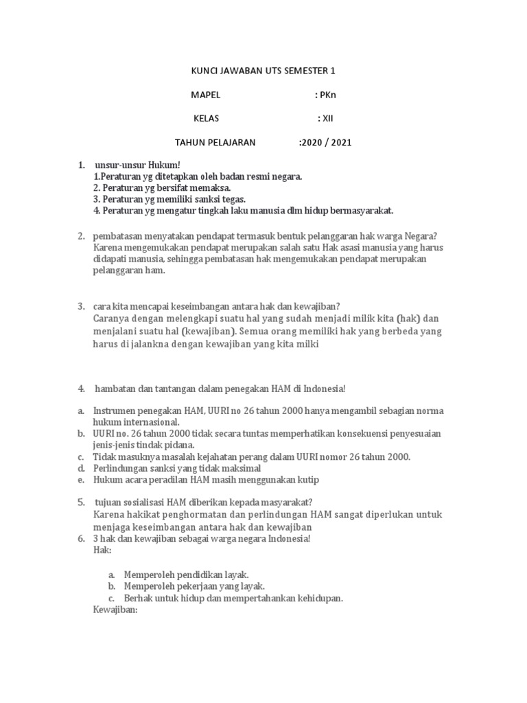 KUNCI JAWABAN PKN Kls 12 UTS SEMESTER 1 | PDF