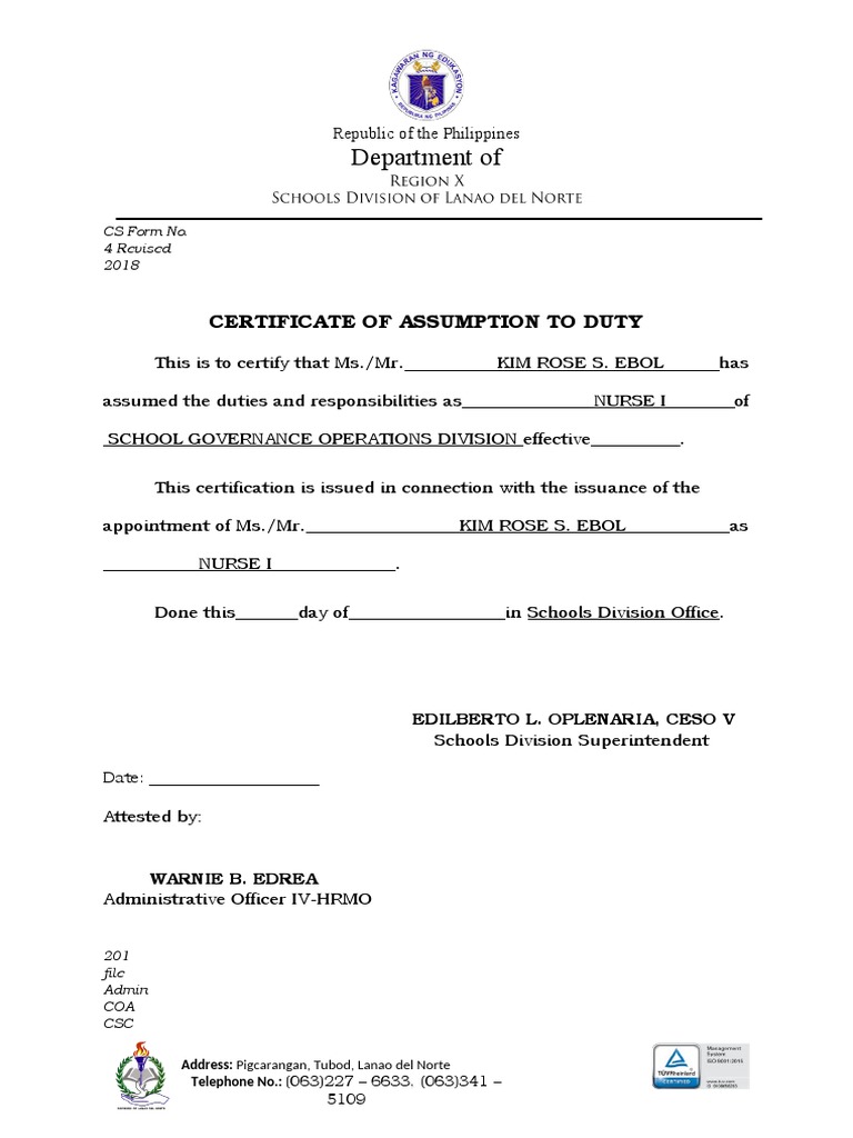 CS Form No 4 - Certification of Assumption To Duty | PDF