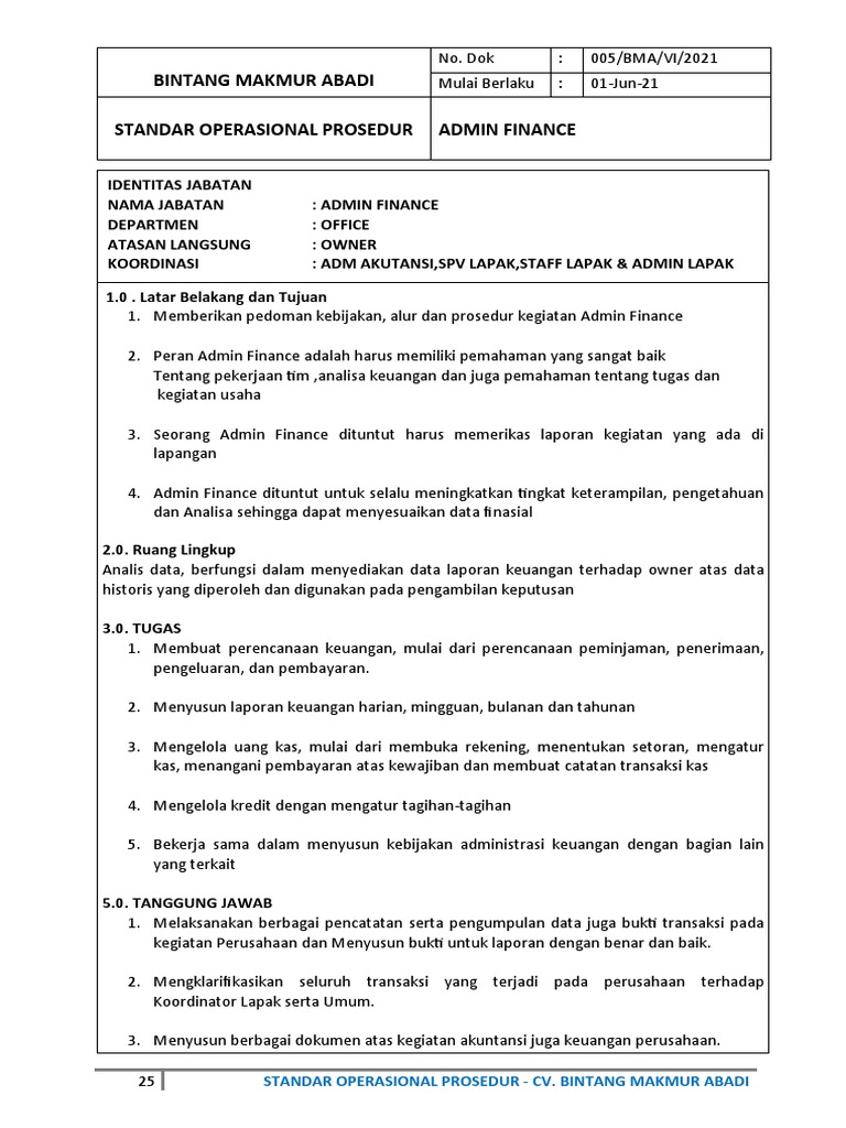 SOP Tugas Admin Finance Perusahaan | PDF