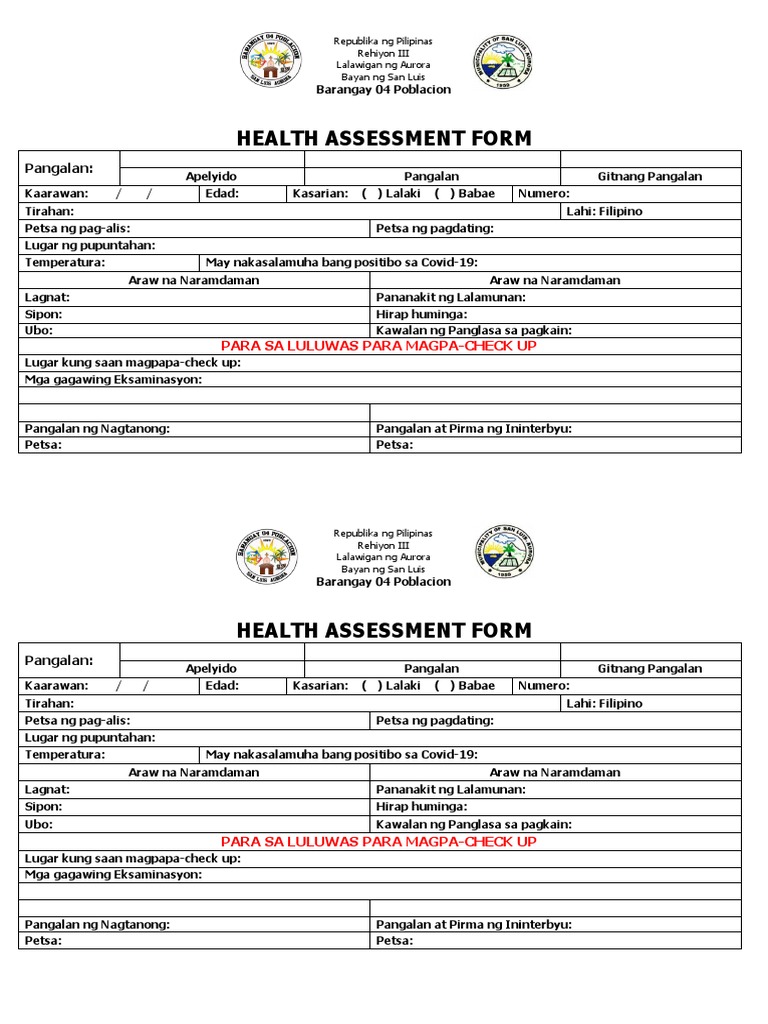Health Assessment Form - BHERT | PDF | Symptom | Physiology