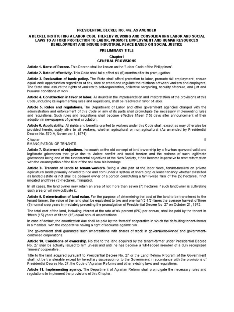 Labor Code - Preliminary Title - PRESIDENTIAL DECREE NO. 442, AS ...