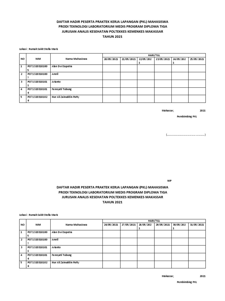 Daftar Hadir Peserta Praktek Kerja Lapangan | PDF