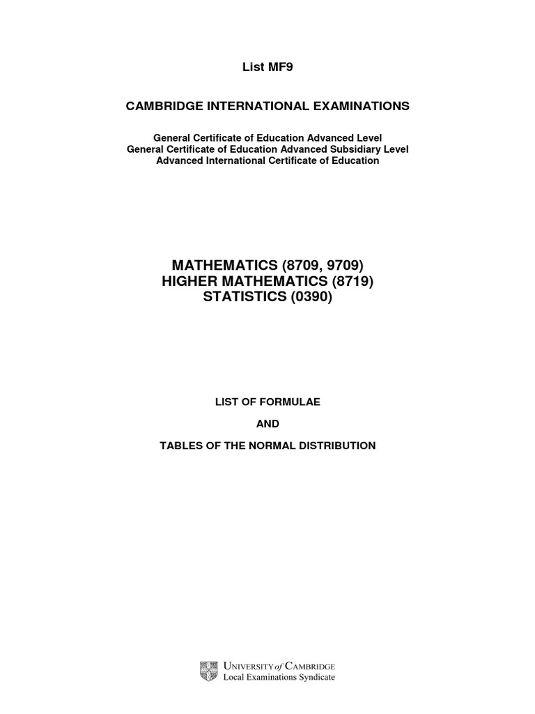 List of Formulae and Statistical Tables | PDF | Variance | Teaching Mathematics