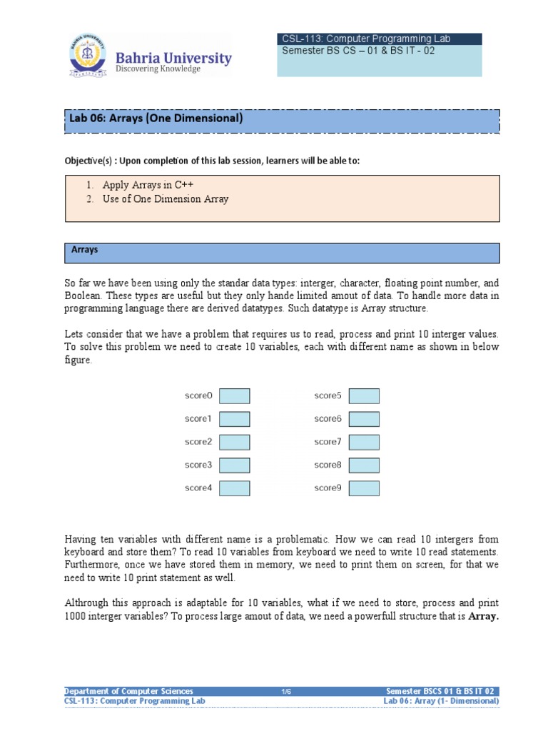 Lab 06: Arrays (One Dimensional) : Semester BS CS - 01 & BS IT - 02 ...