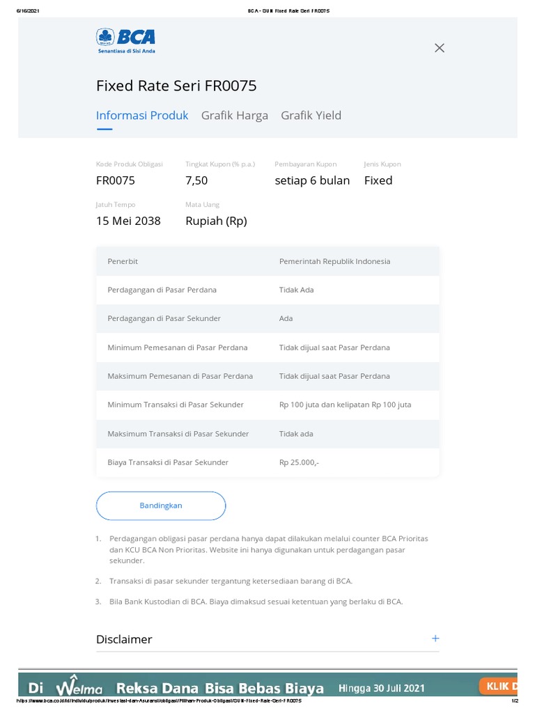 Obligasi FR0075 BCA: Investasi Aman | PDF