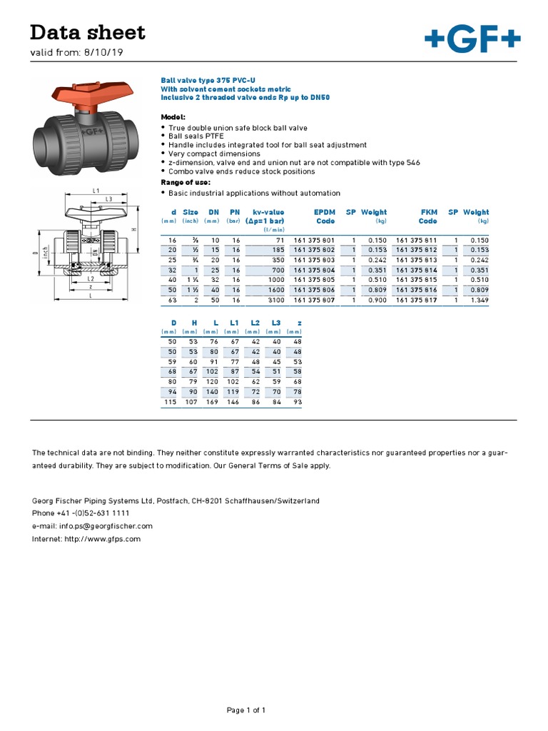 Ball Valve Datasheet GF - UPVC | Download Free PDF | Valve | Mechanical Engineering