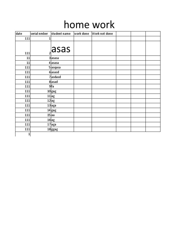 Home Work Asas: Date Serial Nmber Student Name Work Done Work Not Done ...