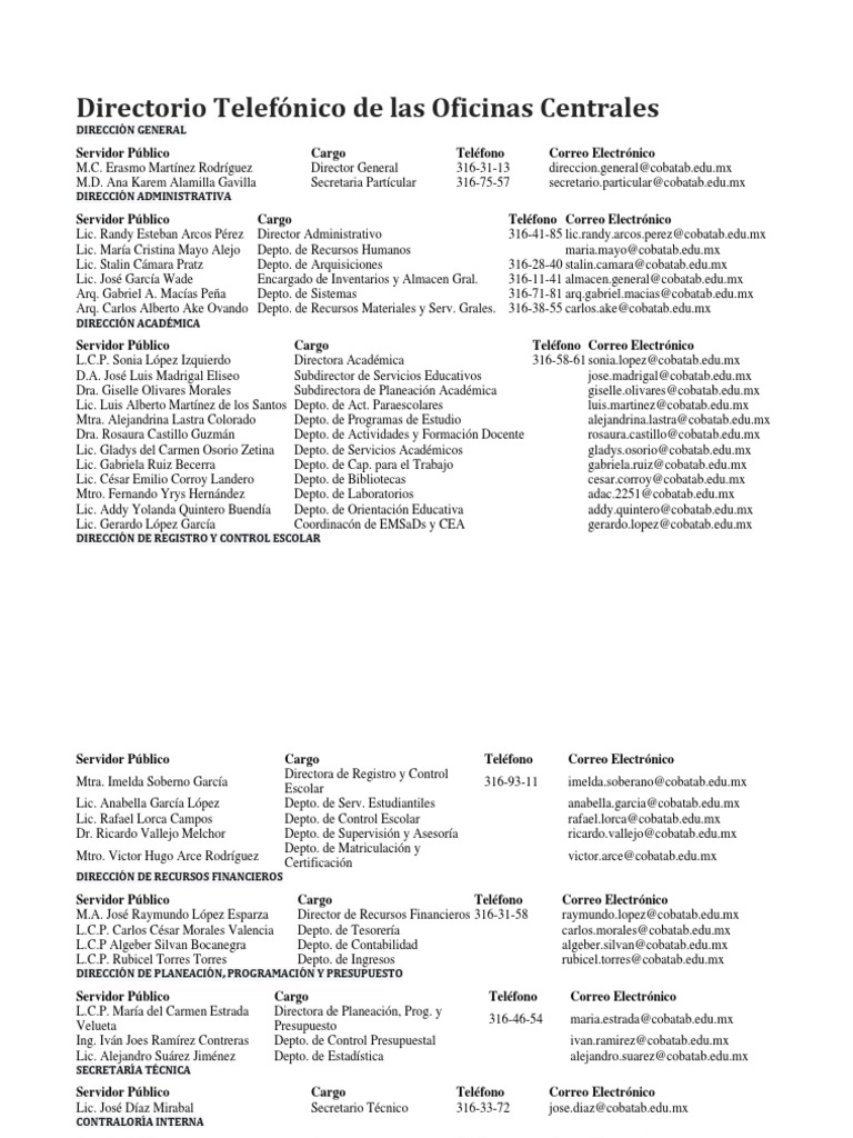 Directorio Teléfonos COBATAB | PDF | Business | Negocios (general)