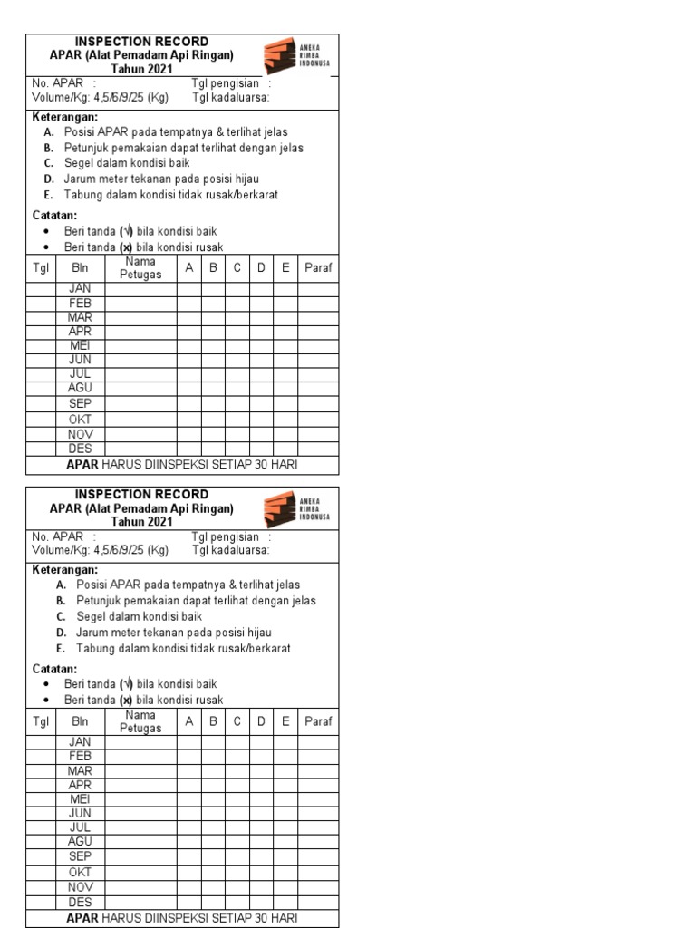 Kartu Inspeksi Apar | PDF