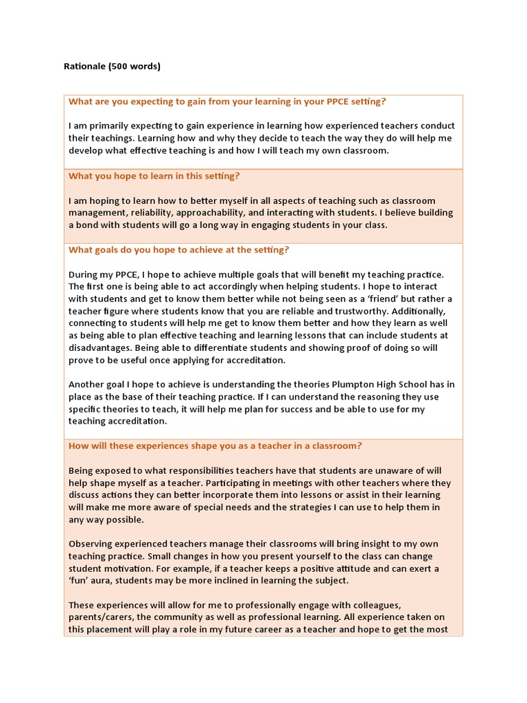 Rationale - Assignment 1 | PDF | Teachers | Classroom