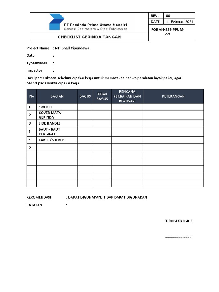 FORM-HSSE-PPUM-027C Checklist Gerinda Tangan Form | PDF