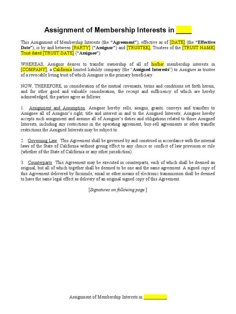 Assignment - LLC Membership Interests in - (1 Person) | PDF ...