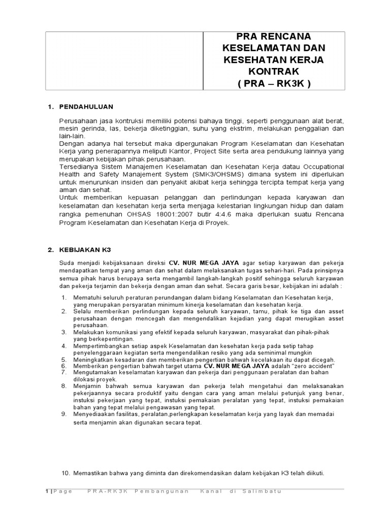 Pra Rencana Keselamatan Dan Kesehatan Kerja Kontrak (Pra Rk3k) | PDF