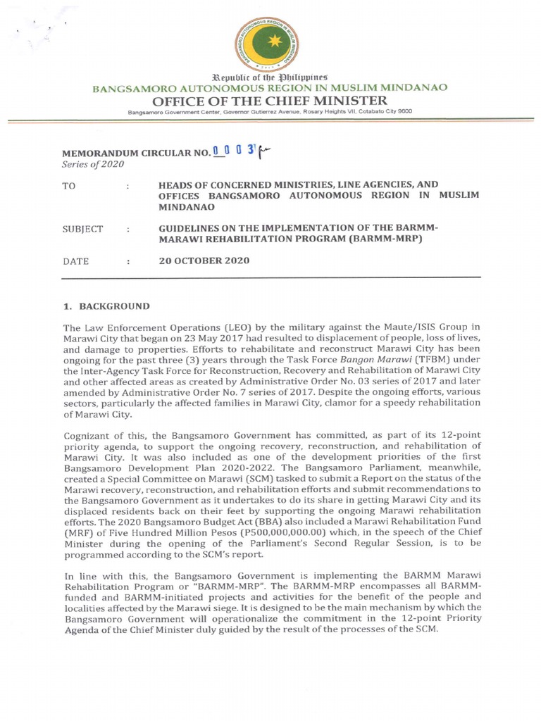 BARMM MC 003 S. 2020 - Marawi Rehabilitation Program | PDF