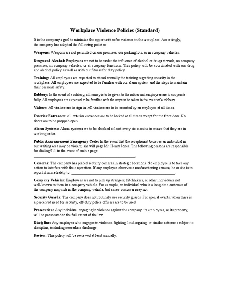 Workplace Violence Policies (Standard) | PDF | Security Guard | Robbery