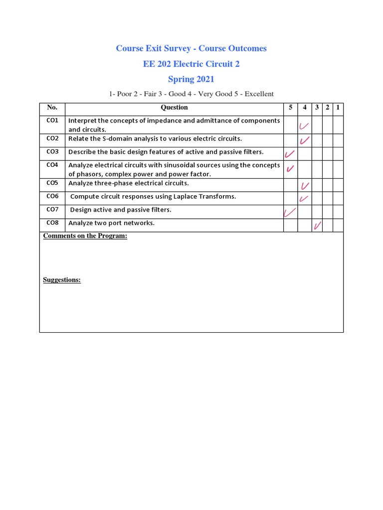Course Outcomes - EE 202 - Exit Survey Spring - 2021 | PDF