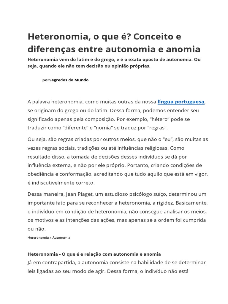 Heteronomia: Entenda o Conceito | PDF | Autonomia | Moralidade