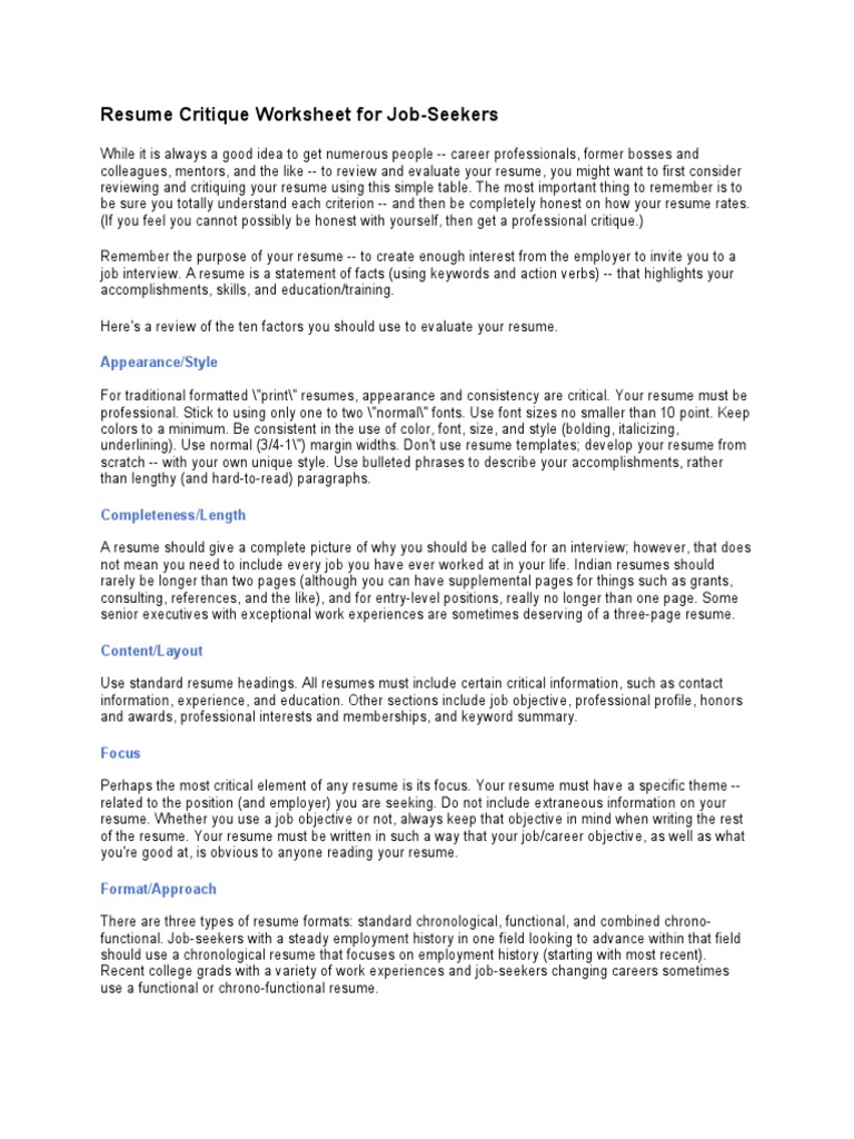 Resume Critique Worksheet For Job | PDF | Résumé | World Wide Web