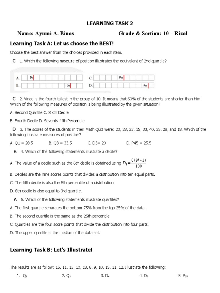 Grade 10 Measures of Position Tasks | PDF