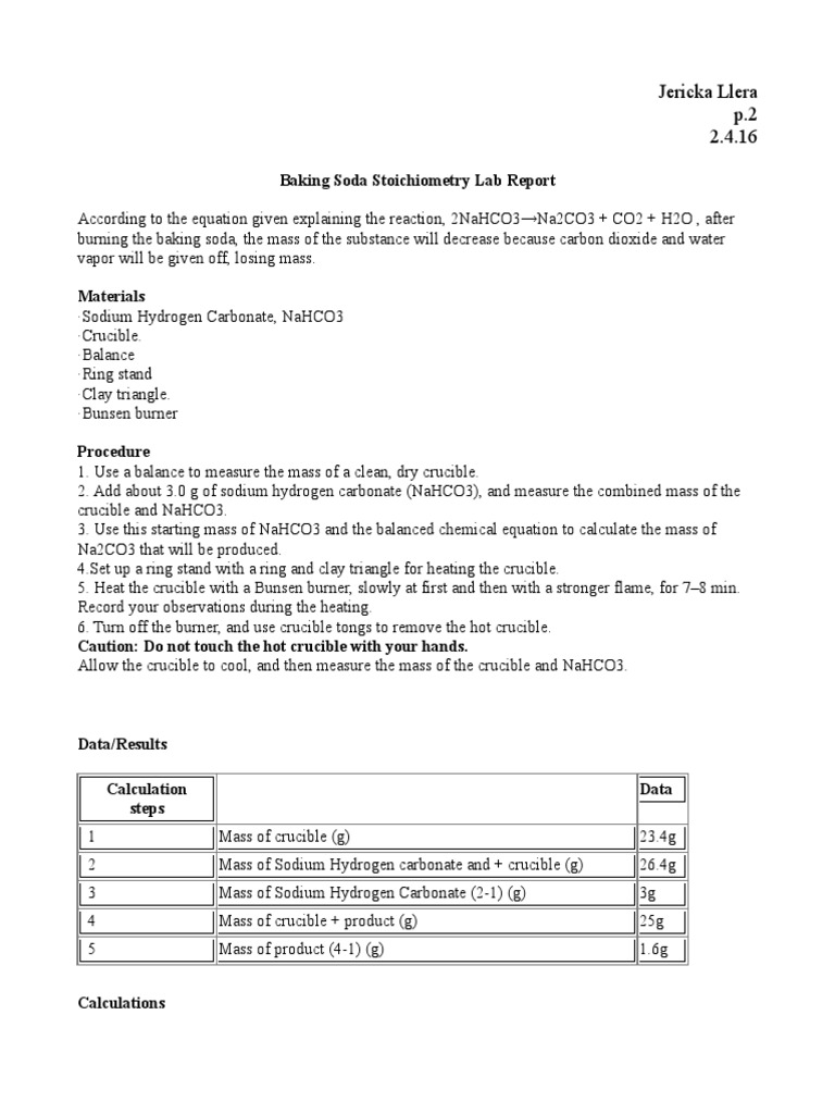 Baking Soda Stoichiometry Lab Report: Jericka Llera p.2 2.4.16 | PDF ...