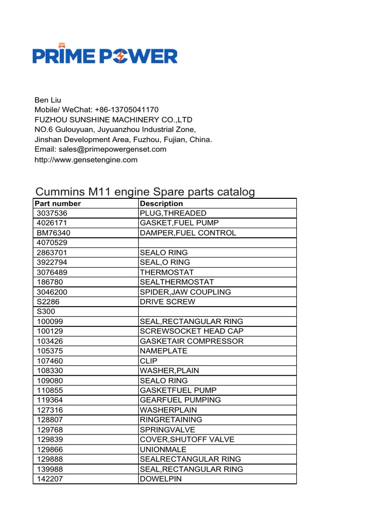 Cummins M11 Engine Parts Catalog | PDF | Piston | Pump