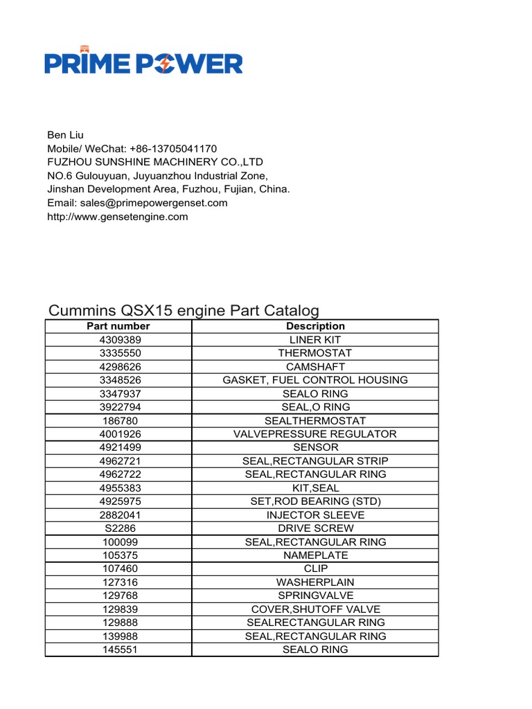 Cummins QSX15 Diesel Engine Component Catalog and Part Number Reference ...