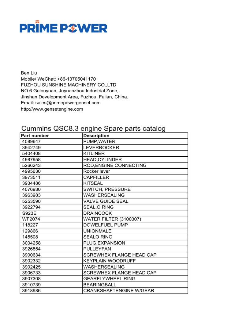 Cummins QSC8.3 Engine Spare Parts Catalog | PDF | Valve | Fuel Injection