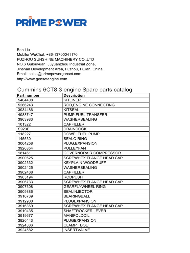 Cummins 6CT8.3 Engine Spare Parts Catalog | PDF | Valve | Bearing ...