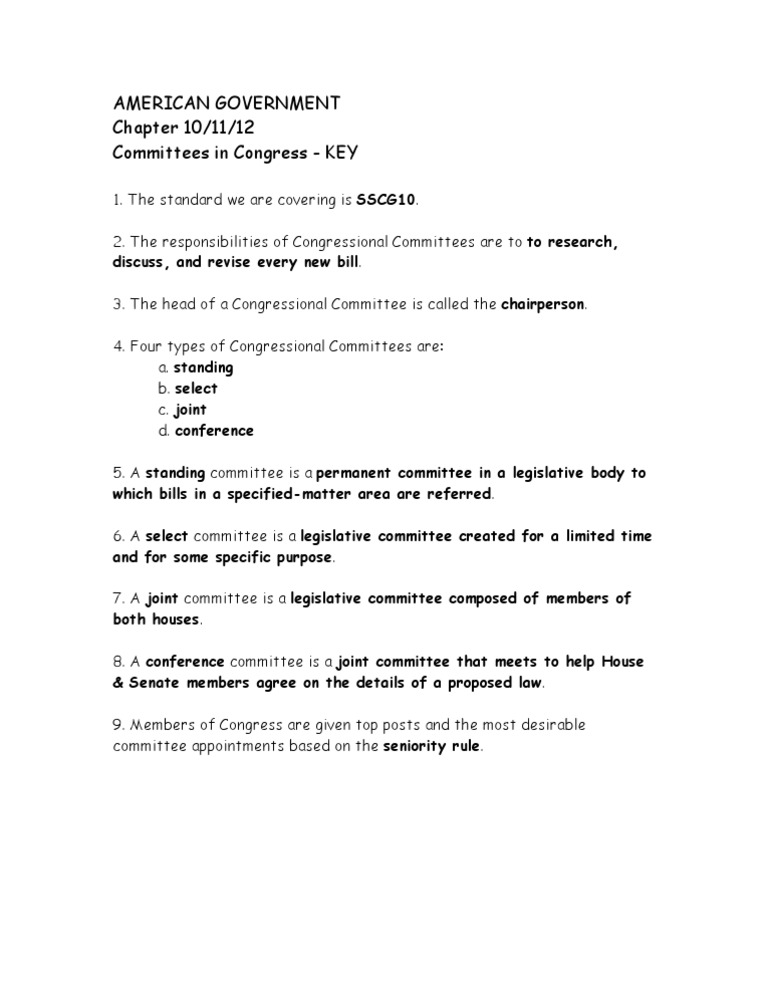 Civics - C101112 - Committees in Congress - WS - Key | PDF