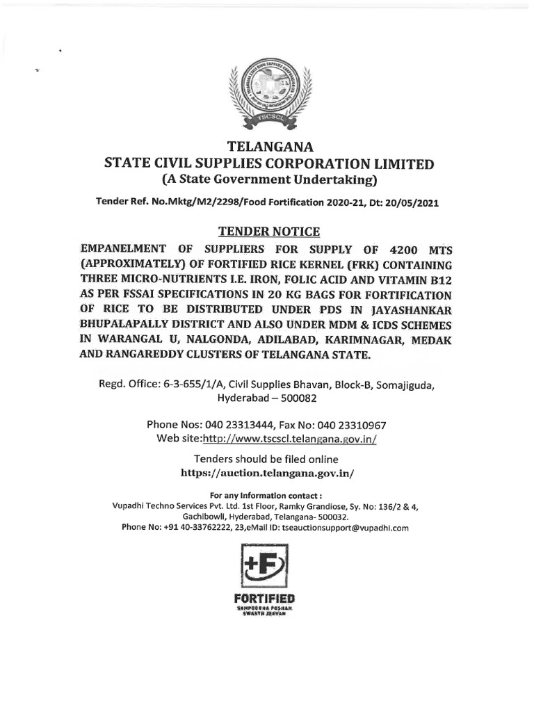 Telangana Tender For Fortified Rice | PDF