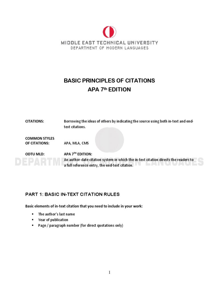 Basic Principles of Citations Apa 7 Edition: Part 1: Basic In-Text ...