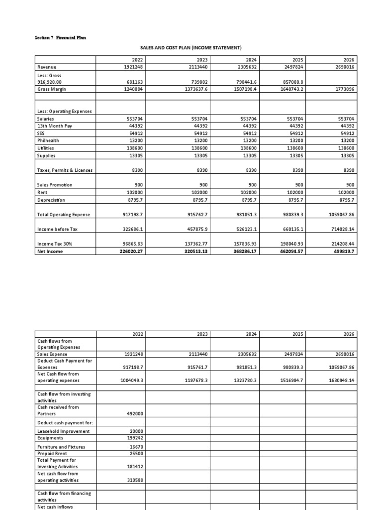 Financial Plan Overview and Cash Flow | PDF | Revenue | Income