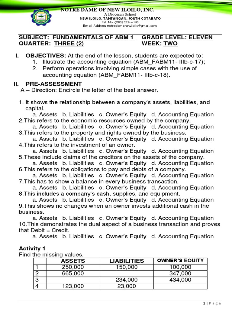 Subject: Fundamentals of Abm 1 Grade Level: Eleven Quarter: Three (2 ...