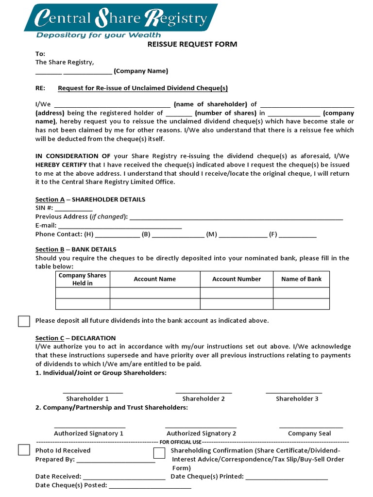 Reissue Request Form: Company Shares Held in Account Name Account Number Name of Bank | PDF ...