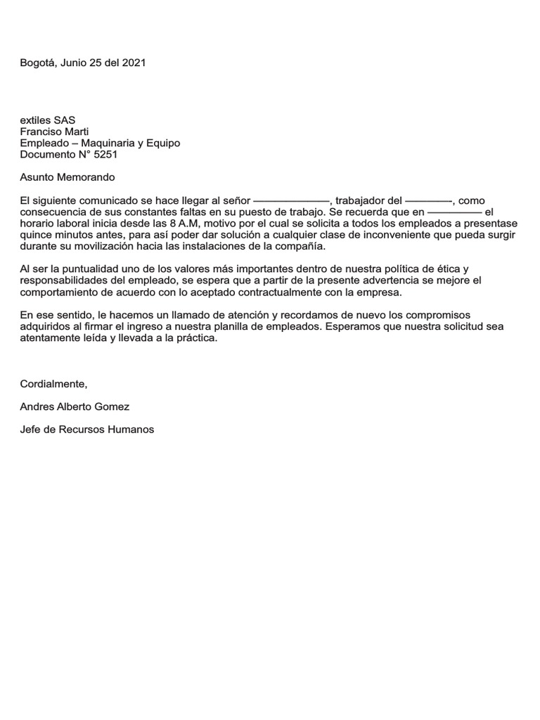 Carta Memorándo Laboral | PDF