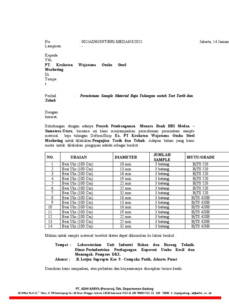 002 - Surat Permintaan Sample Besi Beton (KS) | PDF
