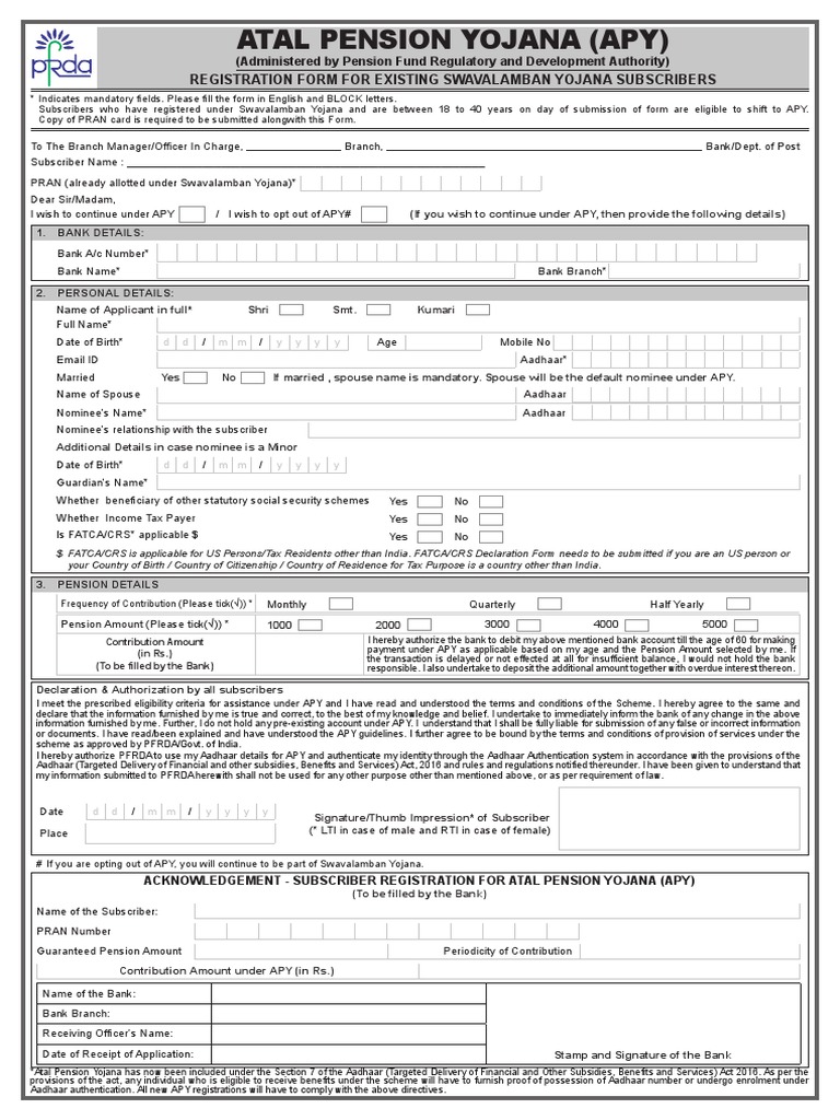 APY Registration Form for Swavalamban Subscribers | PDF | Government ...