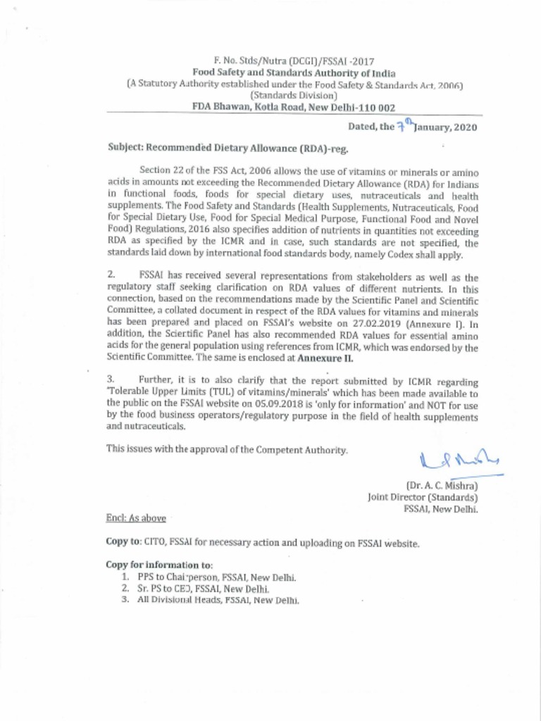 FSSAI Recommended Dietary Allowance Letter - RDA - 08!01!2020 | PDF