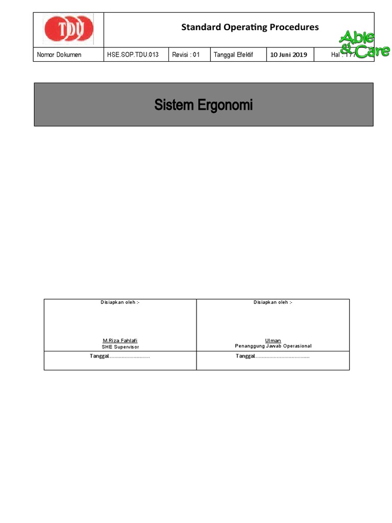 HSE - SOP.TDU.013.R00. Pengelolaan Ergonomi | PDF