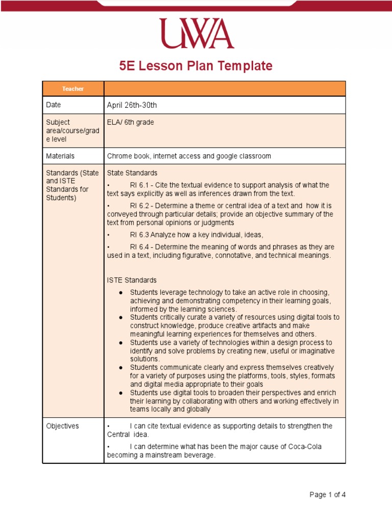 5E Lesson Plan Template: April 26th-30th | PDF | Learning | Behavior ...