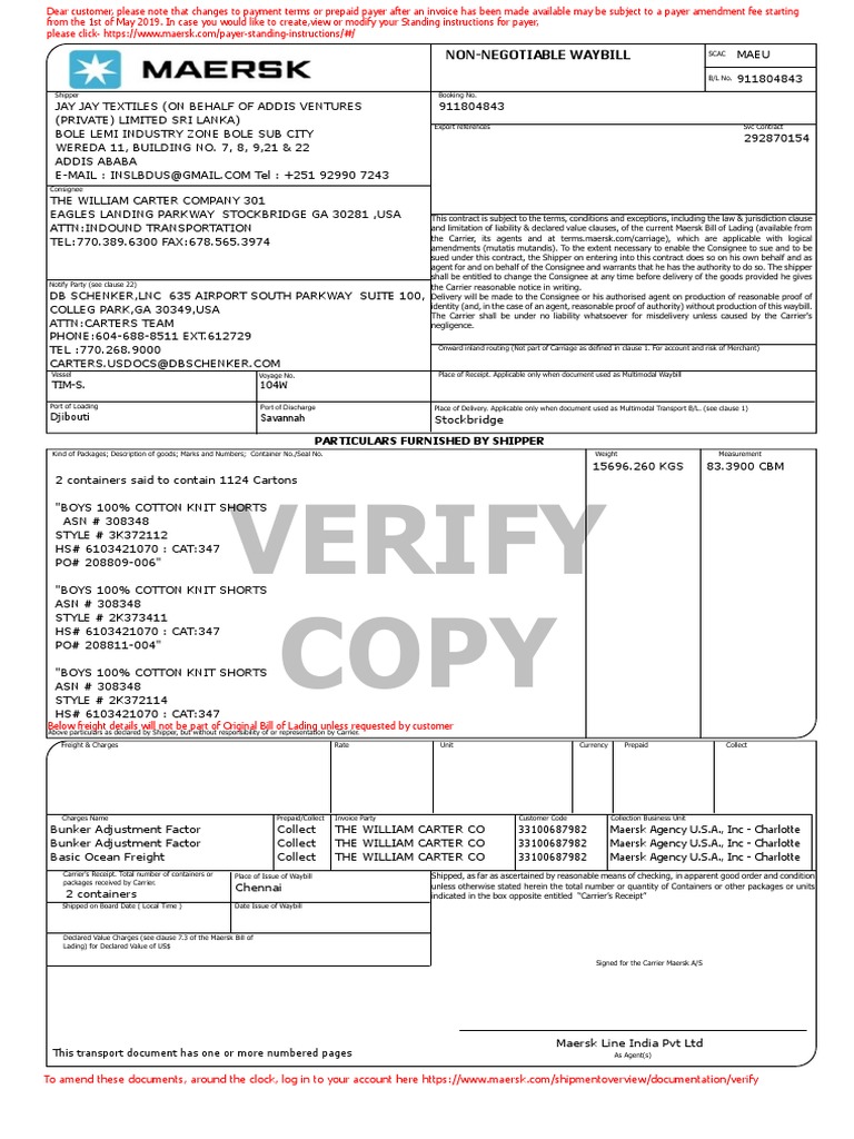 Verify Copy: Non-Negotiable Waybill | PDF | Bill Of Lading | Consignee