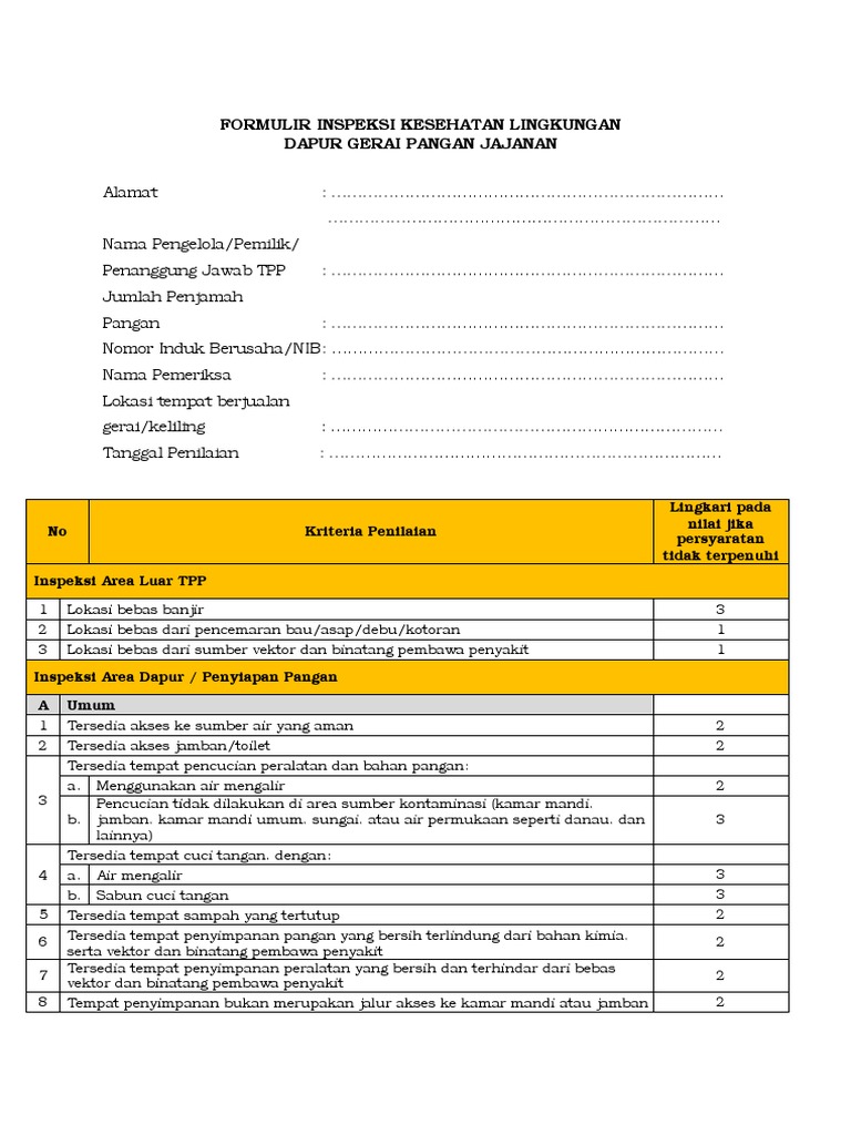 Form IKL Dapur Gerai Pangan Jajanan | PDF