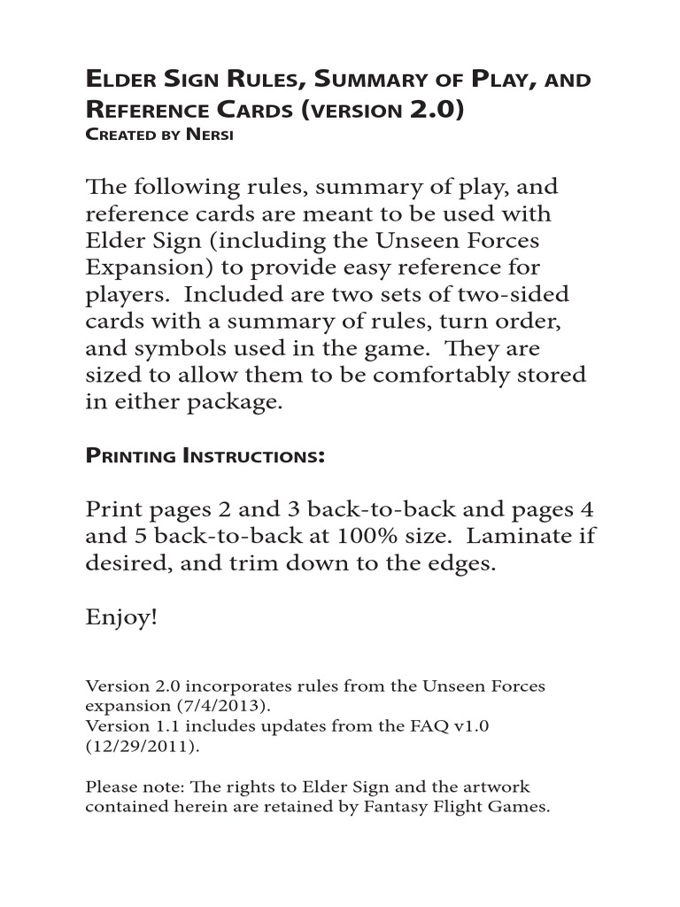 Elder Sign Rules Summary v2-0 | PDF | Dice | Leisure Activities
