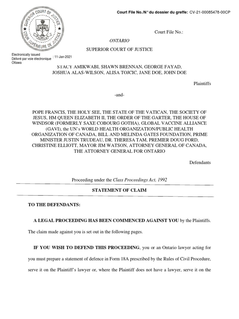 Ontario: Statement of Claim | PDF | Holy See | Pope