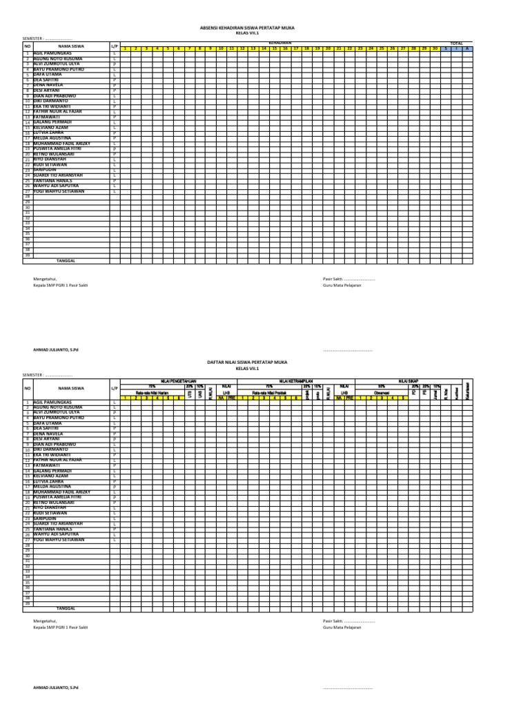 ABSENSI KELAS 7 Landscape | PDF