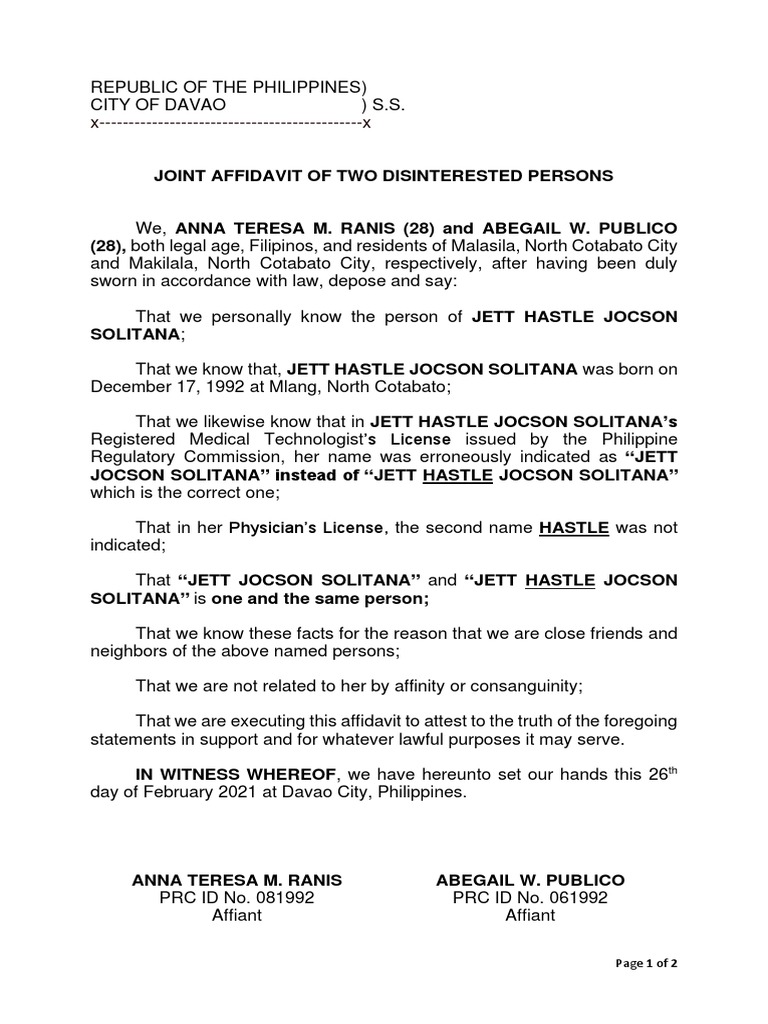 Affidavit of Two Disinterested Persons | PDF | Affidavit | Legal ...