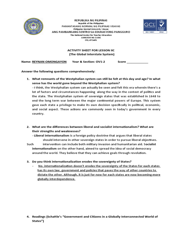 Omongayon. Activity 5 (2-C) CONTEMPORAY WORLD ACTIVITY SHEET | PDF ...