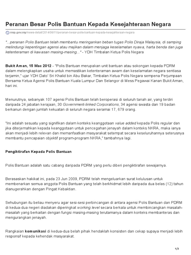 RMP - gov.My-Peranan Besar Polis Bantuan Kepada Kesejahteraan Negara | PDF