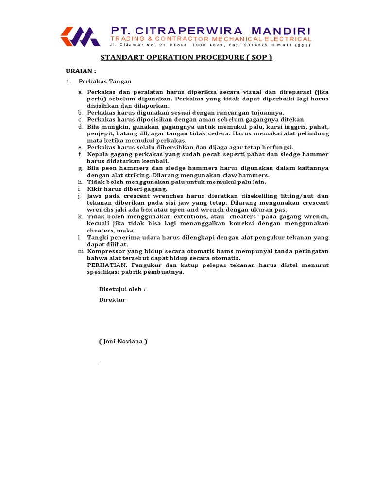 SOP KESELAMATAN Bengkel | PDF